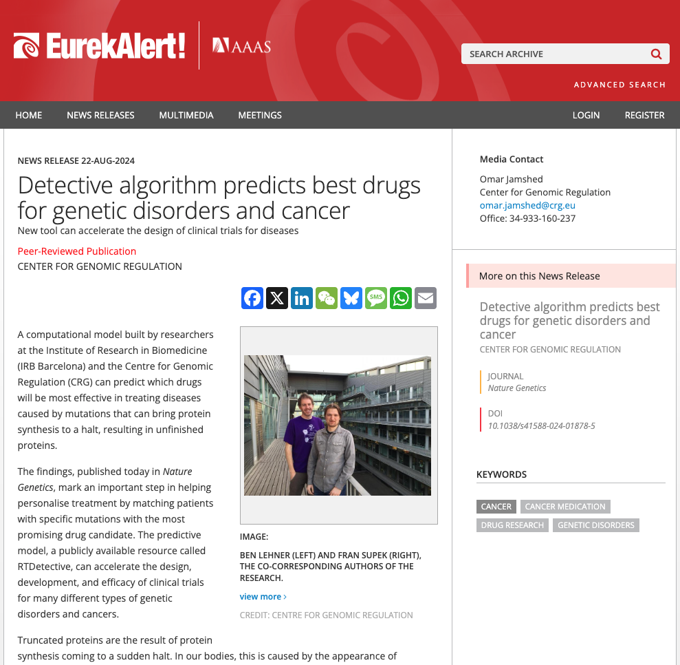 EurekAlert - Detective algorithm predicts best drugs for genetic disorders and cancer | IRB ...